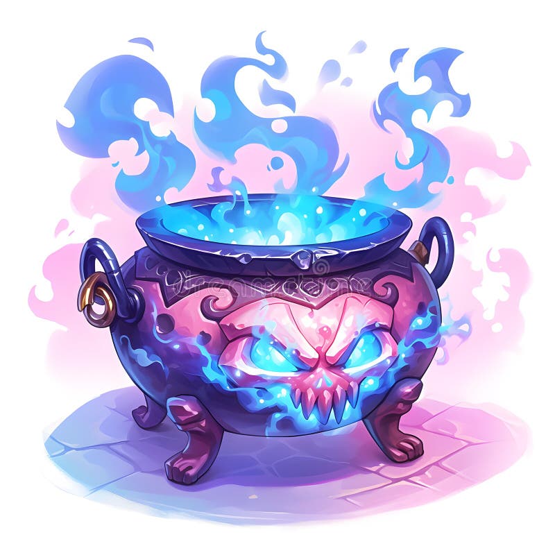 Magical Cauldron with Blue Flames and Skull Design Stock Illustration ...