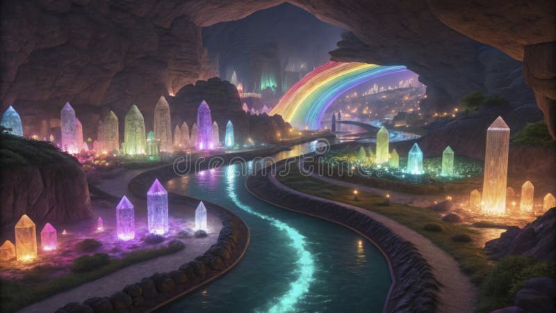 Magical Cave with Glowing Crystals, a Rainbow, and a River Flowing ...