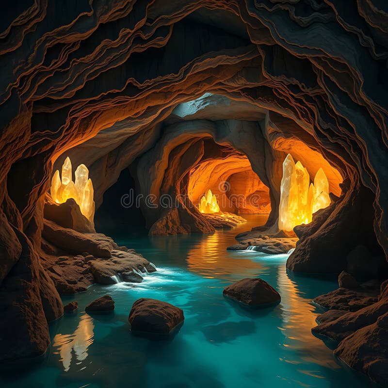 A Magical Cave with Glowing Crystals and an Underground River Stock ...