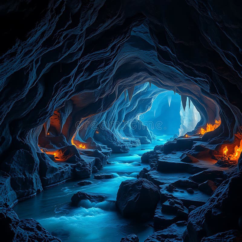 A Magical Cave with Glowing Crystals and an Underground River Stock ...