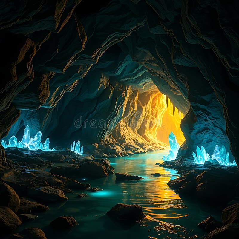 A Magical Cave with Glowing Crystals and an Underground River Stock ...