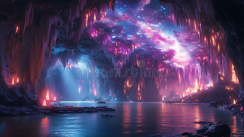 Magical Cave Lake, Starry Sky, Glowing Formations, Fantasy Backdrop ...