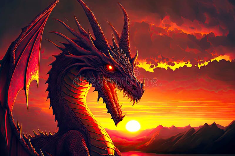 Magical Character in Form of Red Dragons Against Backdrop of Setting ...