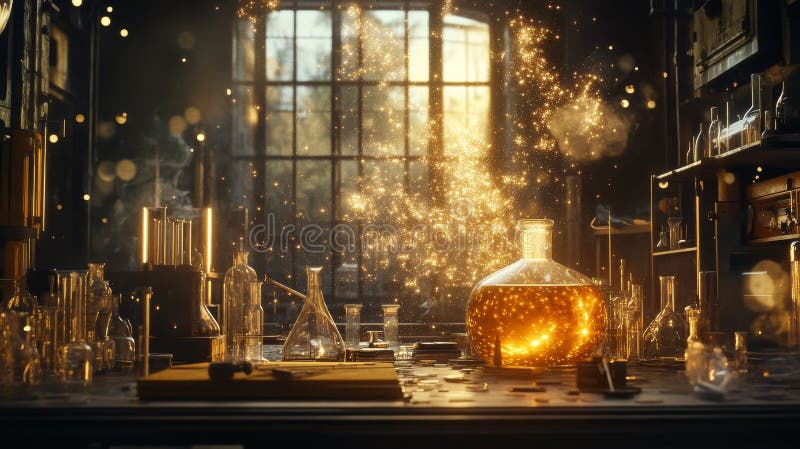 Magical Chemistry Lab with Sparkling Flasks Stock Photo - Image of ...