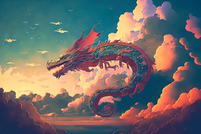 Magical Chinese Red Dragons Flying High in Clouds Stock Illustration ...