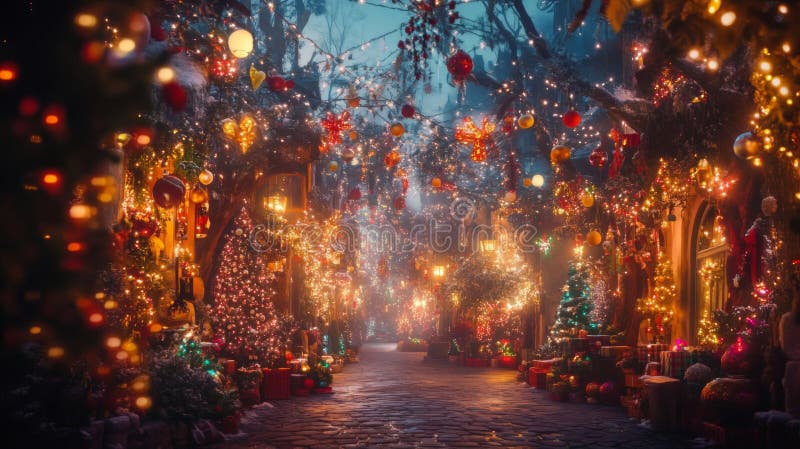 Magical Christmas Street at Night with Glowing Lights and Decorations ...