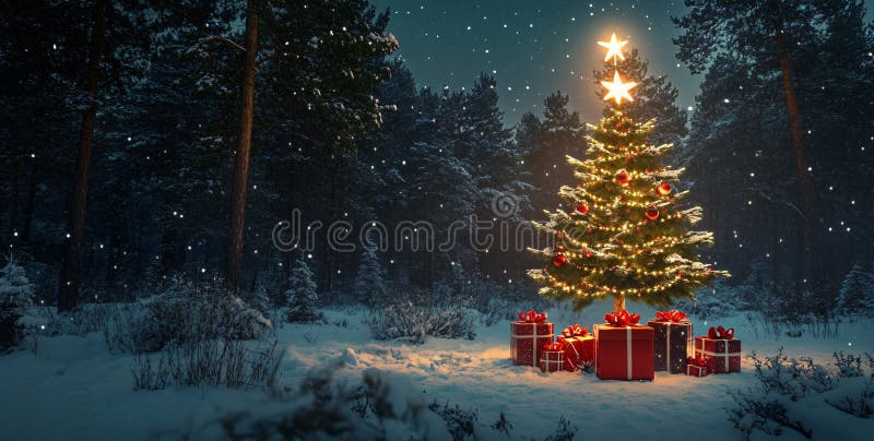 Magical Christmas Tree in Snowy Forest at Night High Quality Image ...