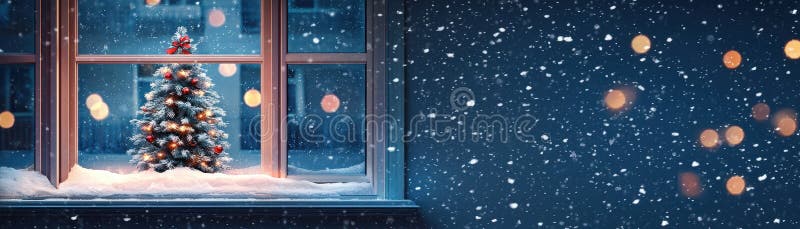 Magical Christmas Window Scene Snow Tree Lights Stock Illustration ...