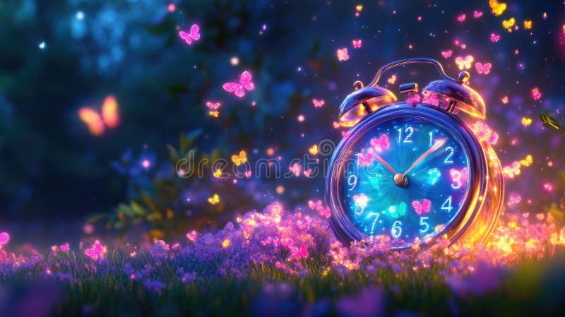 Magical Clock in Enchanted Garden with Glowing Butterflies at Dusk ...