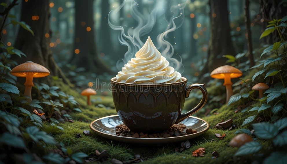 Magical Coffee Cup in a Mystical Forest Setting Stock Illustration ...