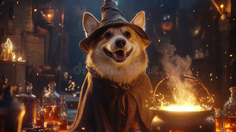 Magical Corgi Wizard Brewing Potion in Enchanted Workshop Stock Photo ...