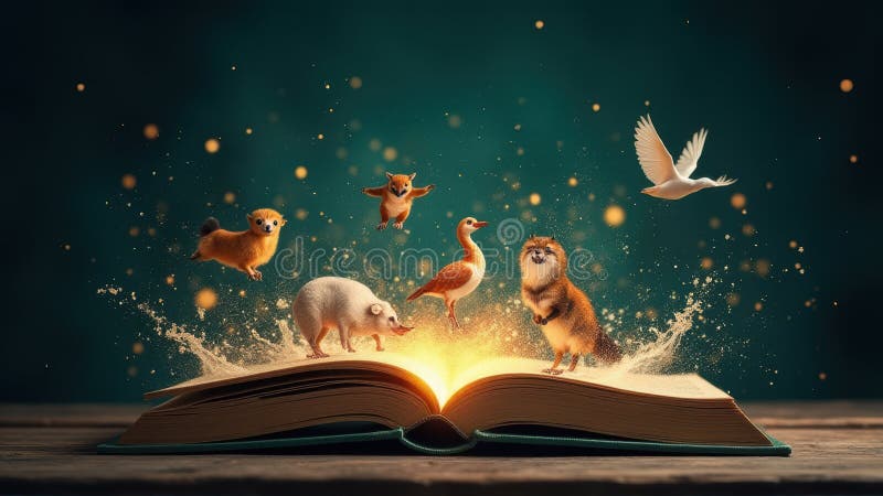 Magical Creatures Emerging from an Open Book Stock Illustration ...