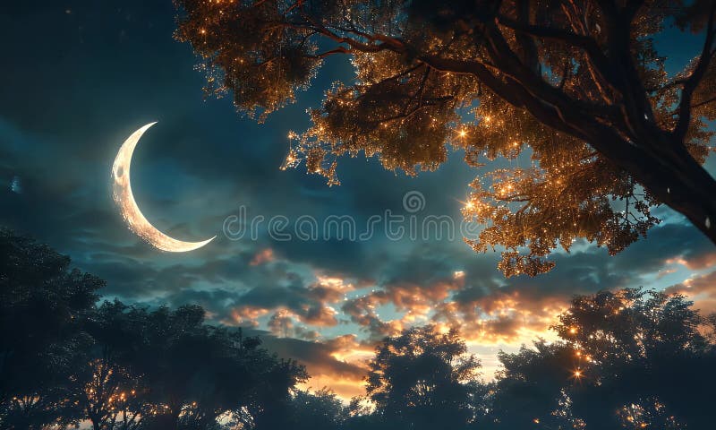 Magical Crescent Moon Glowing Over Silhouetted Trees at Sunset Stock ...