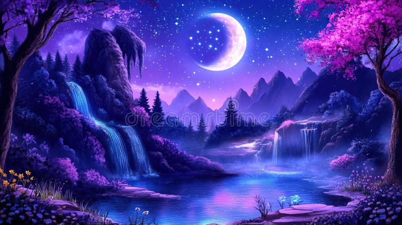 Magical Crescent Moon Night, Waterfall, Fantasy Forest Stock Photo ...