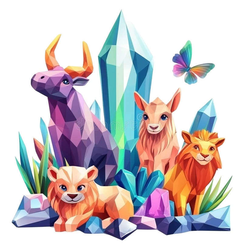 Magical Crystal Animals Playful Lions and a Cute Goat Stock ...