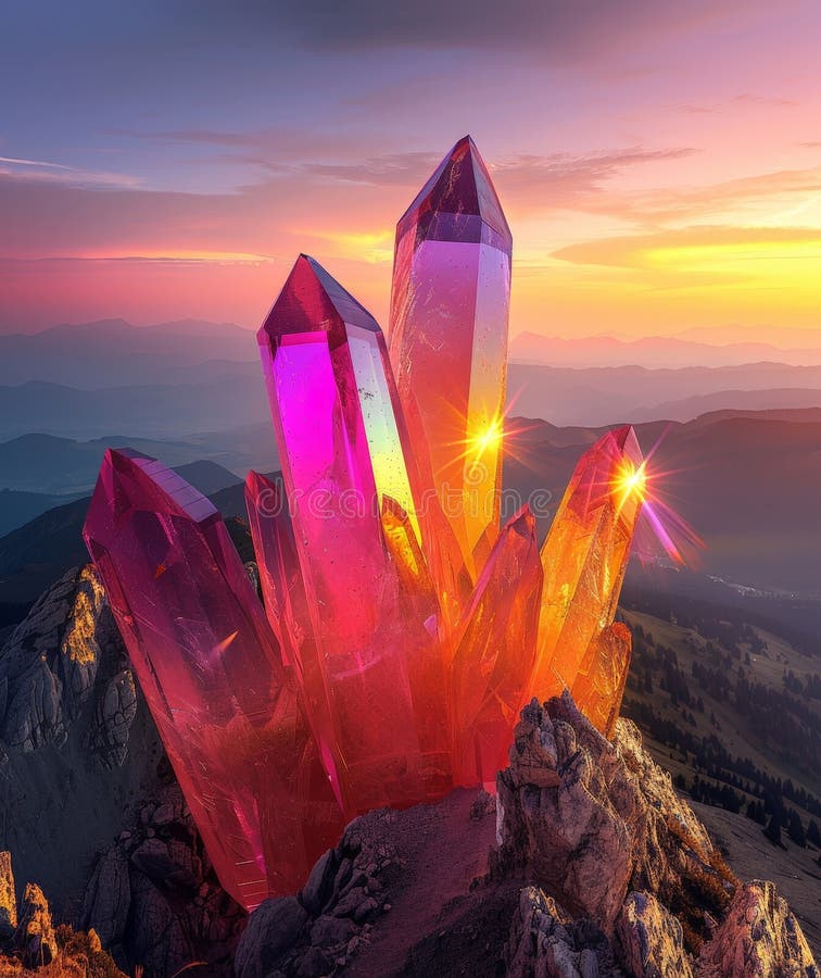 Magical Crystal Formations at Sunset Stock Illustration - Illustration ...