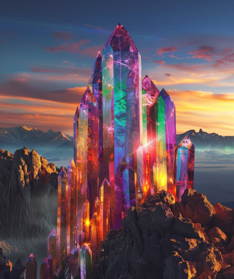 Magical Crystal Mountains at Sunset Stock Illustration - Illustration ...