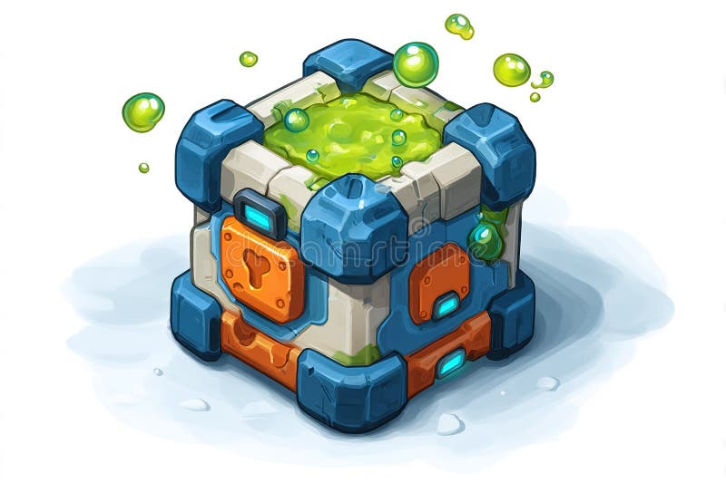Magical Cube Filled with Green Liquid Bubbles Sits on a Flat Surface in ...