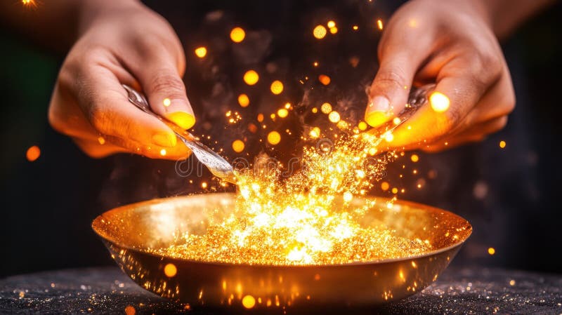 Magical Culinary Creation with Sparkling Golden Ingredients in a Bowl ...