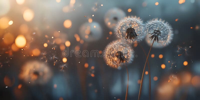 Magical Dandelion Seeds Floating in Golden Hour Light Stock ...