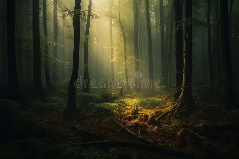 Magical Dark Green Forest in Soft Sunlight Stock Illustration ...