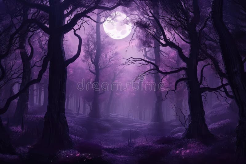 Magical Dark Purple Forest with Glowing Moonlight Shining through the ...