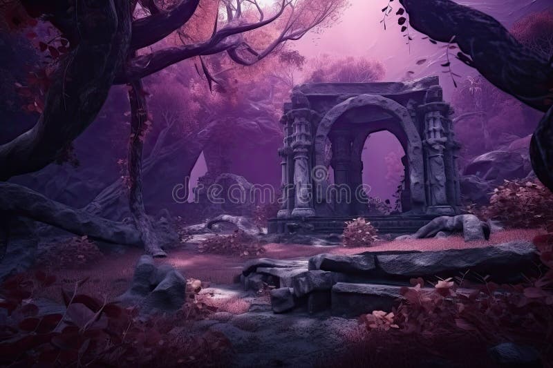 Magical Dark Purple Forest with Ruins of Ancient Civilization Stock ...