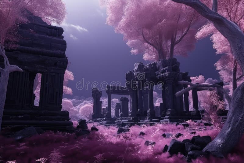 Magical Dark Purple Forest with Ruins of Ancient Civilization Stock ...