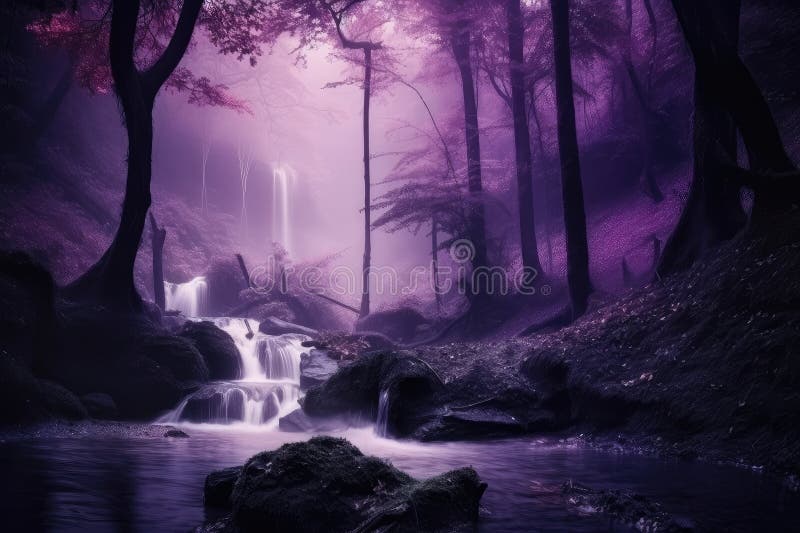 Magical Dark Purple Forest with Waterfall, Surrounded by Mist Stock ...
