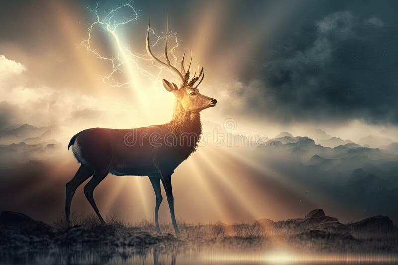 Magical Deer Looking at the Sunrise, with Rays of Light Shining through ...
