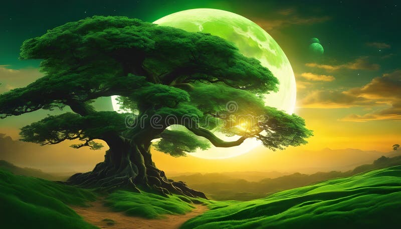 Lunar Serenity: Embrace of the Enchanted Tree Stock Illustration ...