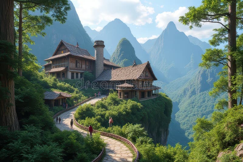 Magical Dragon Village Landscape Stock Illustration - Illustration of ...