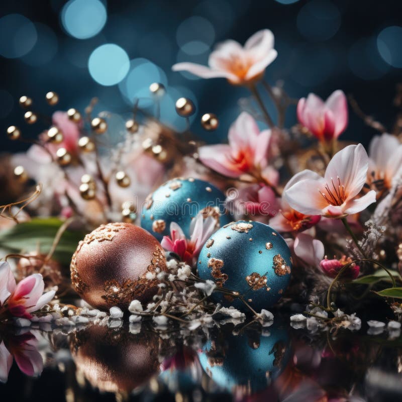 Magical Easter Background. Pastel Eggs in Grass, Flowers, Light Stock ...