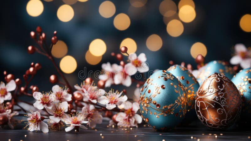 Magical Easter Background. Pastel Eggs in Grass, Flowers, Light Stock ...