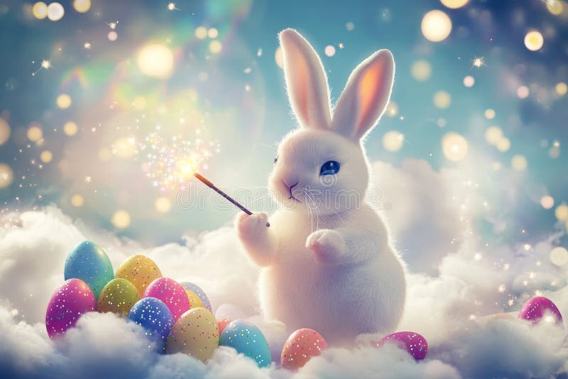 A Magical Easter Bunny Creating Rainbow-colored Eggs with a Wand ...