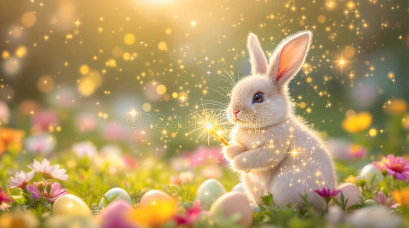 Magical Easter Bunny in a Sparkling Spring Meadow with Colorful Eggs ...