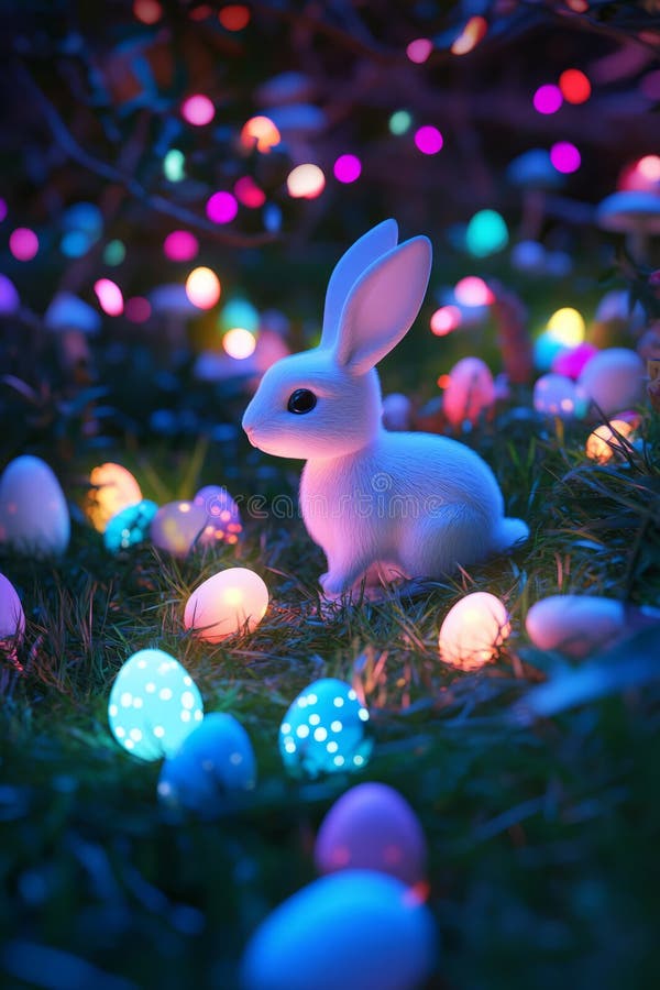 A Magical Easter Bunny Standing in a Field of Bioluminescent Mushrooms ...