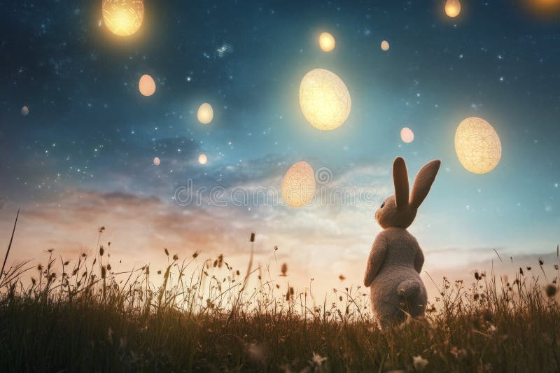 A Magical Easter Bunny Standing in a Field of Tall Grass, Gazing Up at ...