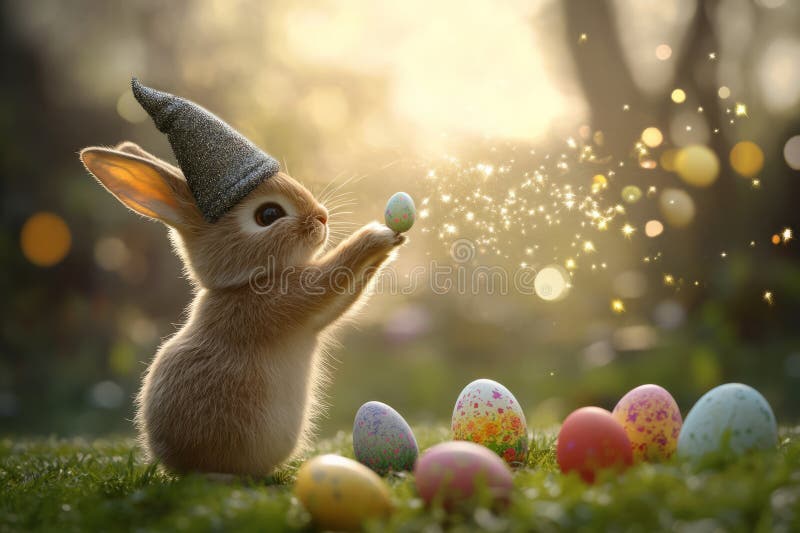 A Magical Easter Bunny Wearing a Tiny Wizard Hat, Casting a Spell that ...