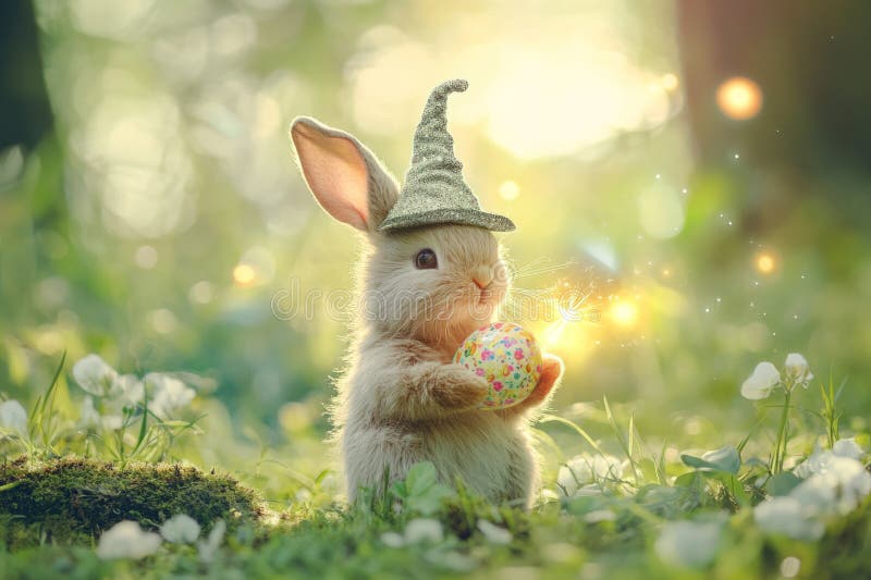 A Magical Easter Bunny Wearing a Tiny Wizard Hat, Casting a Spell that ...