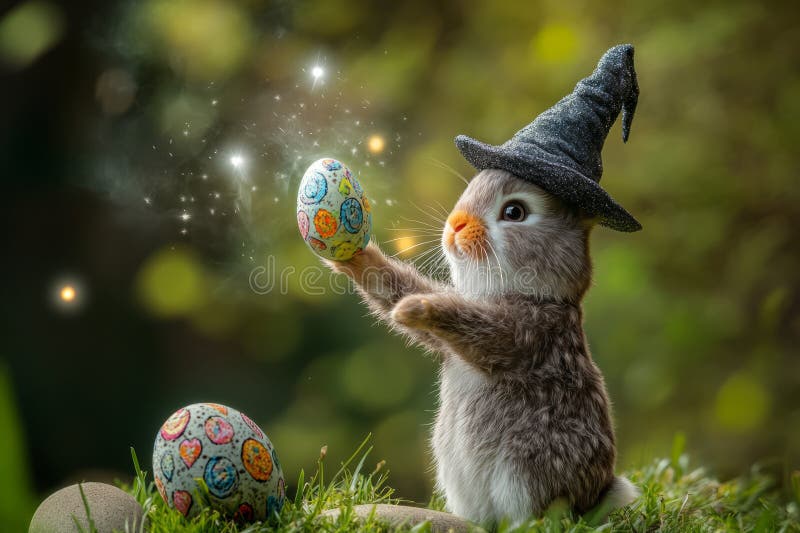 Magical Easter Bunny Wearing Tiny Wizard Hat Casting Spell Transforms ...