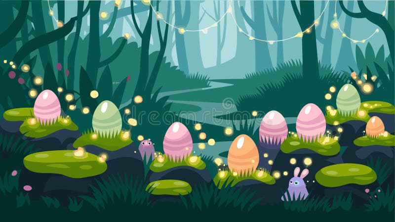 Magical Easter Egg Hunt in a Mystical Forest, Glowing Eggs among Moss ...
