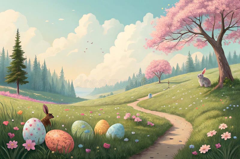 Magical Easter Landscape Generative AI Stock Illustration ...