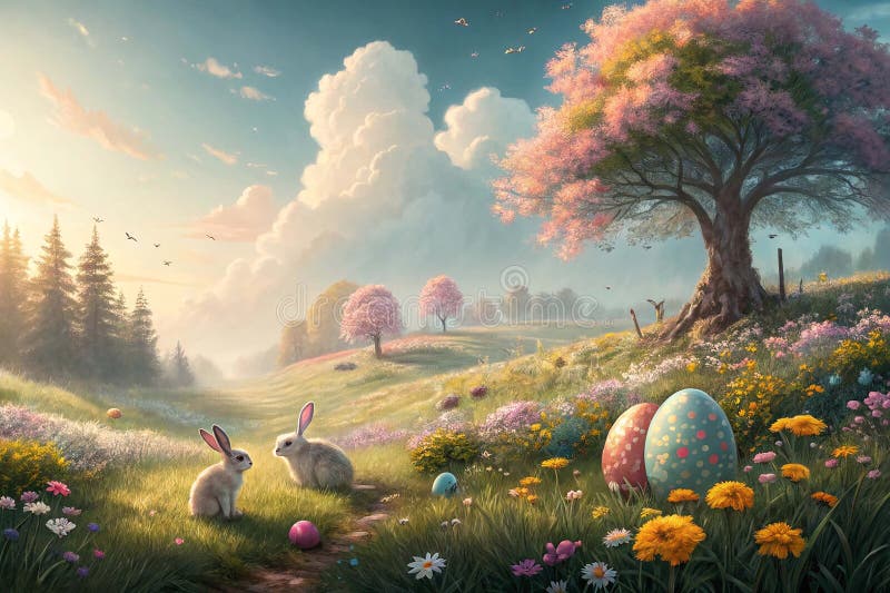 Magical Easter Landscape Generative AI Stock Illustration ...