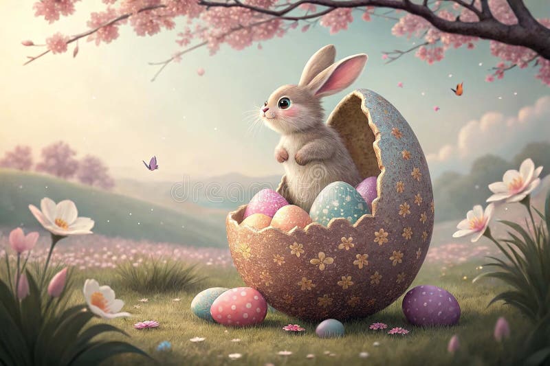 Magical Easter Scene â€ Bunny with Glittering Eggs in an Open Eggshell ...
