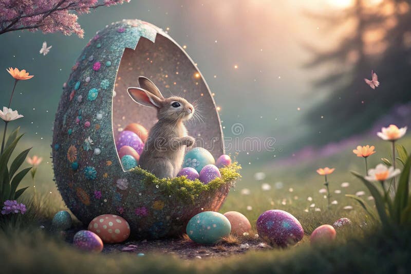 Magical Easter Scene â€ Bunny with Glittering Eggs in an Open Eggshell ...