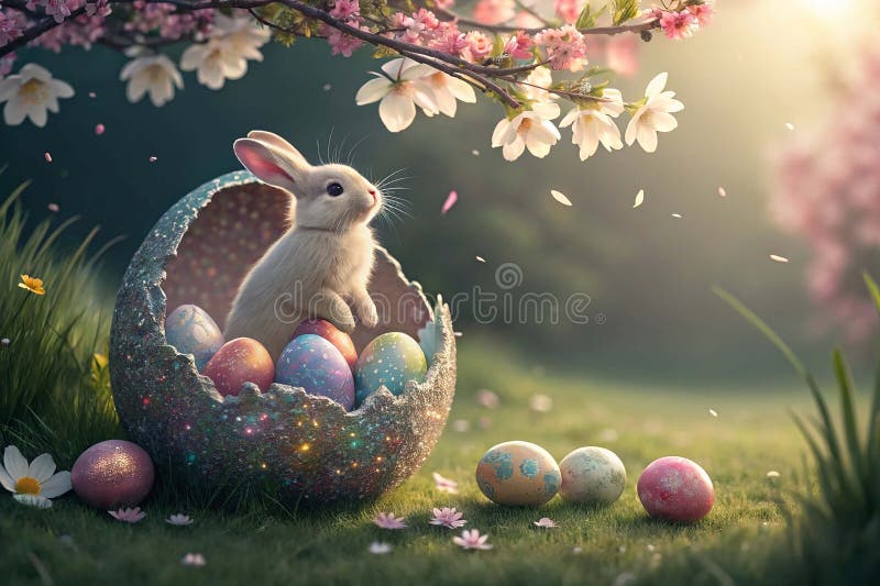 Magical Easter Scene â€ Bunny with Glittering Eggs in an Open Eggshell ...