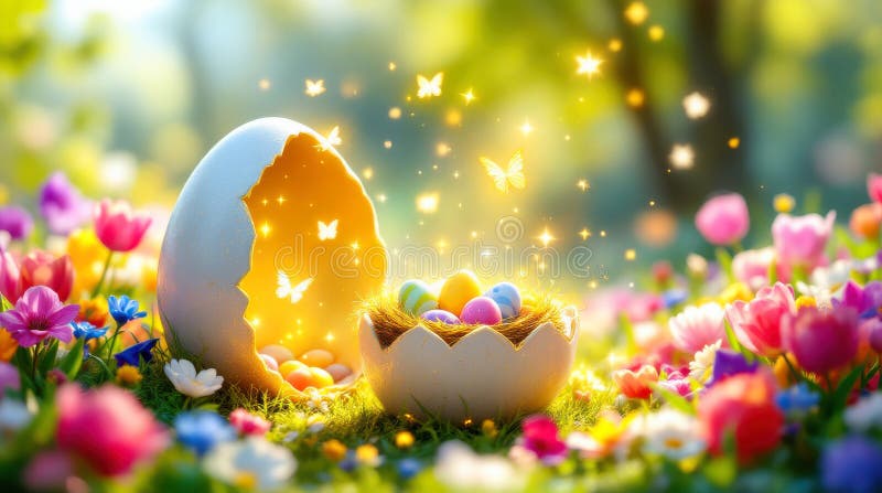 Magical Easter Scene with Glowing Egg, Colorful Eggs, and Spring ...