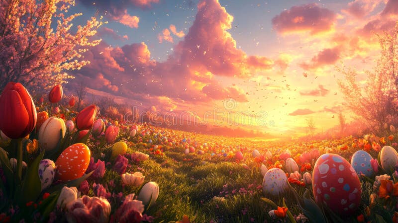 Magical Easter Sunrise Field of Tulips and Eggs Stock Illustration ...
