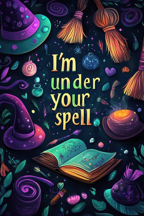 Magical Elements Surrounding An Open Spellbook With Whimsical Text I M Under Your Spell Stock